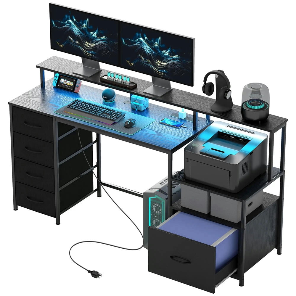 Topcobe Computer Desk with Power Outlets and LED Lights, 67" Computer ...