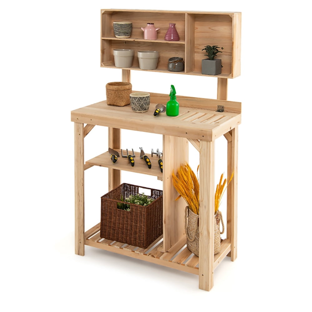 Topcobe Garden Wooden Potting Table Workstation with Storage Shelf ...