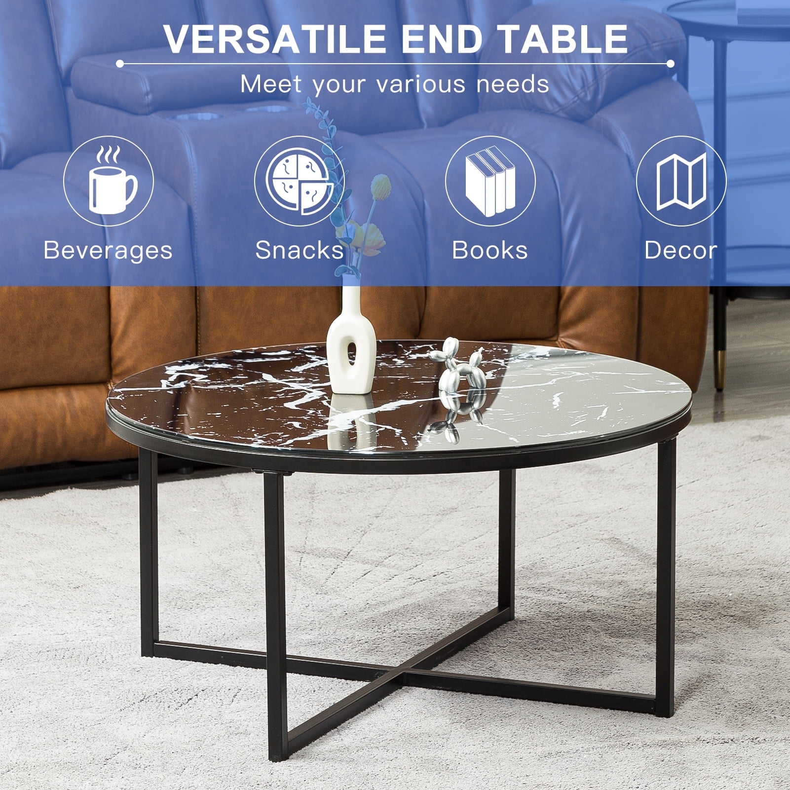 Topcobe Glass Top Circle Center Table, Modern Round Coffee Table with ...