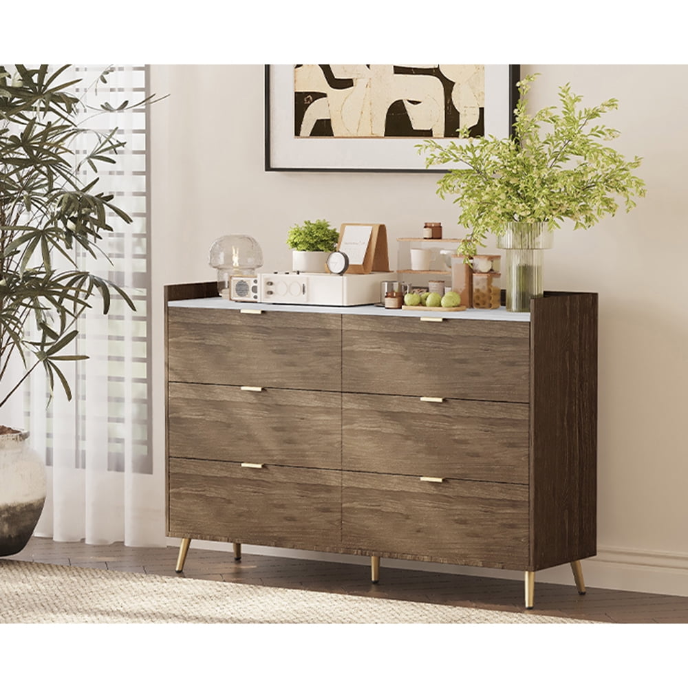 Topcobe Modern 6 Drawer Dresser with Marbling Worktop,Chest of Dresser ...