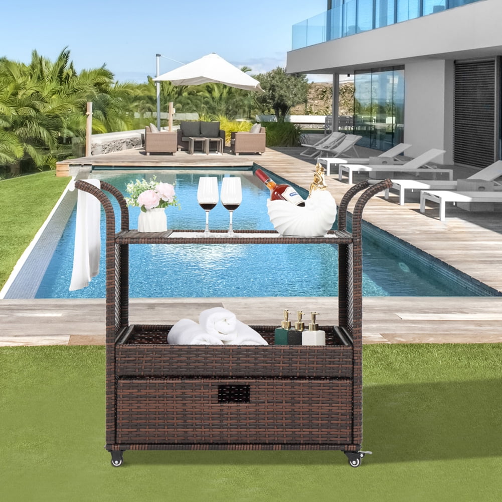 Topcobe Outdoor Patio Wicker Rattan Serving Bar Cart On Wheels, Cart ...
