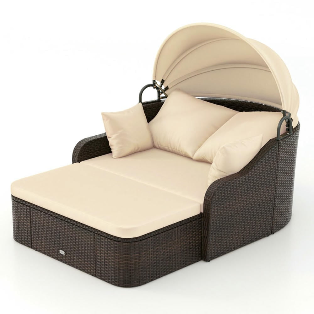 Topcobe Patio PE Rattan Daybed with Retractable Canopy and Soft ...
