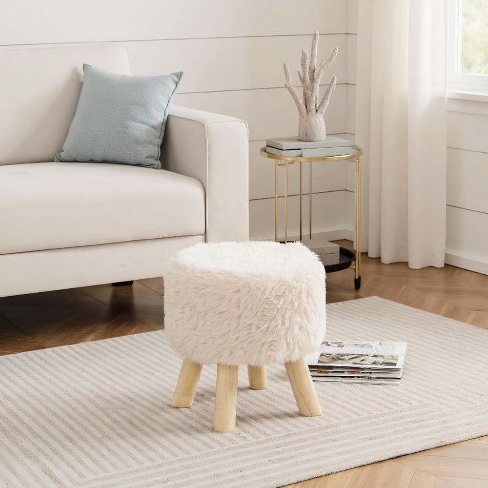 Topcobe Round Footstool Ottoman Faux Fur Footrest with Padded Seat and ...