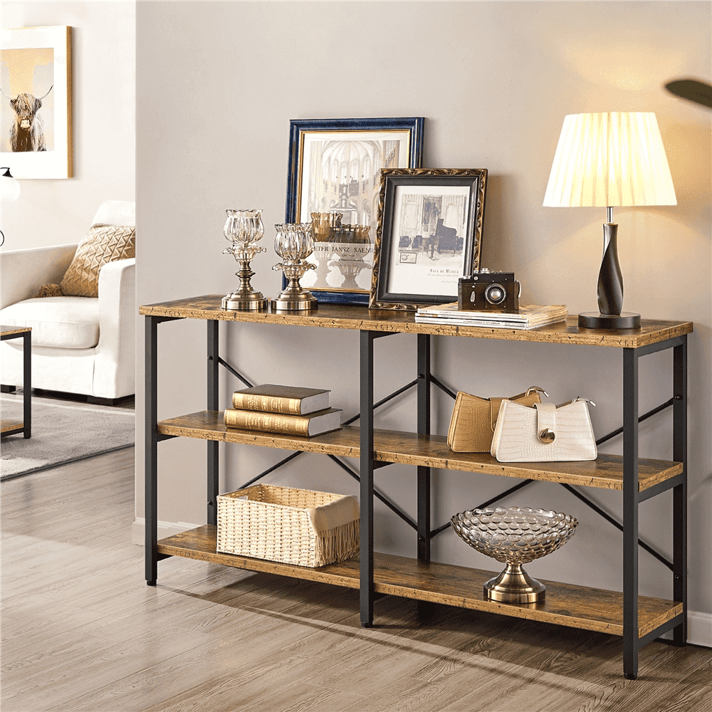 Topeakmart 3 Tiers Wood Console Table Metal Frame Sofa Table Bookshelf ...