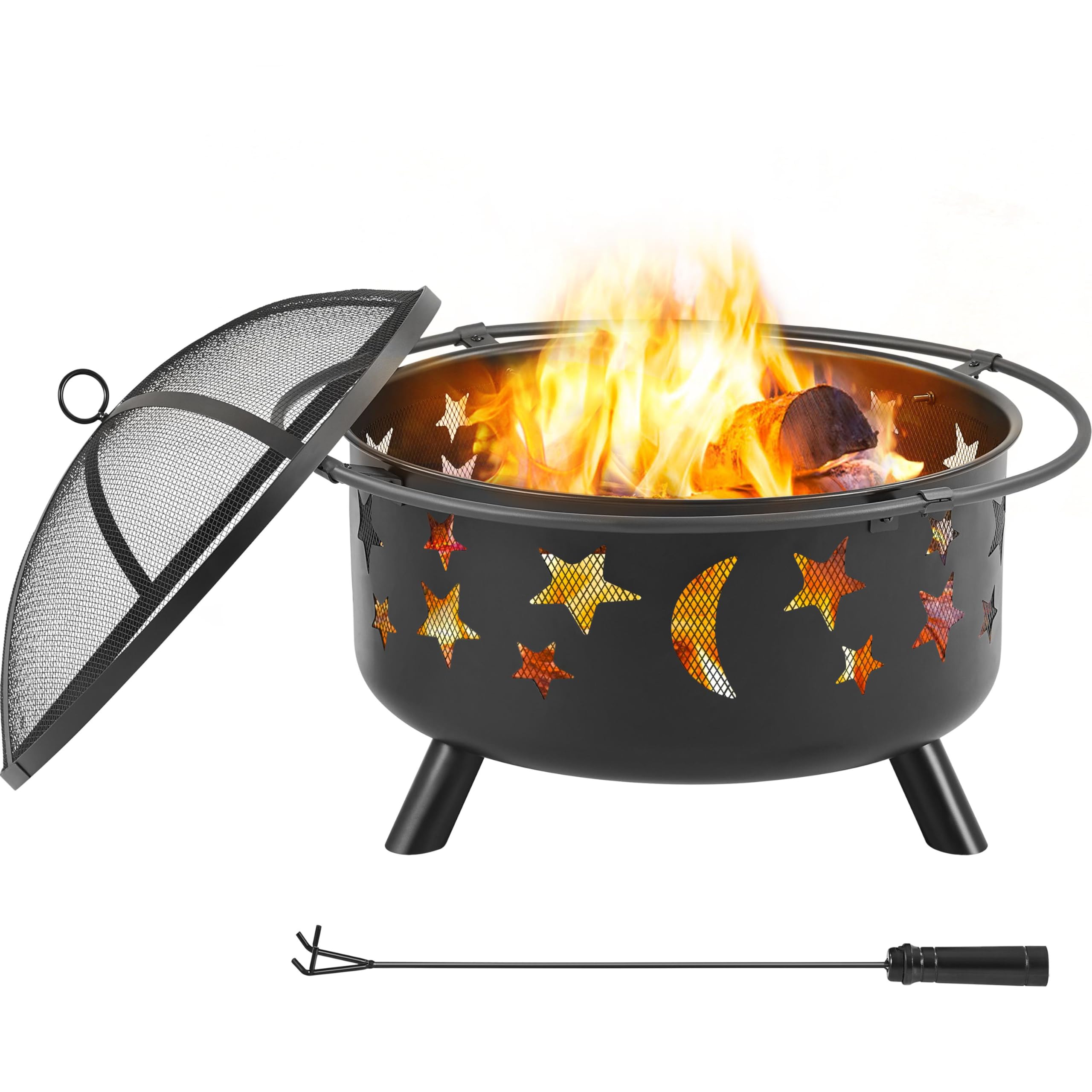 Topeakmart 30 Inch Backyard Fire Pit Iron Brazier Wood Burning Coal with Sky Stars and Moons Pit ...