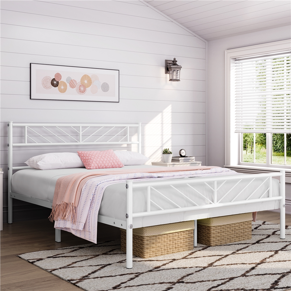 Topeakmart Full Size White Metal Platform Bed Frame with Arrow Design ...