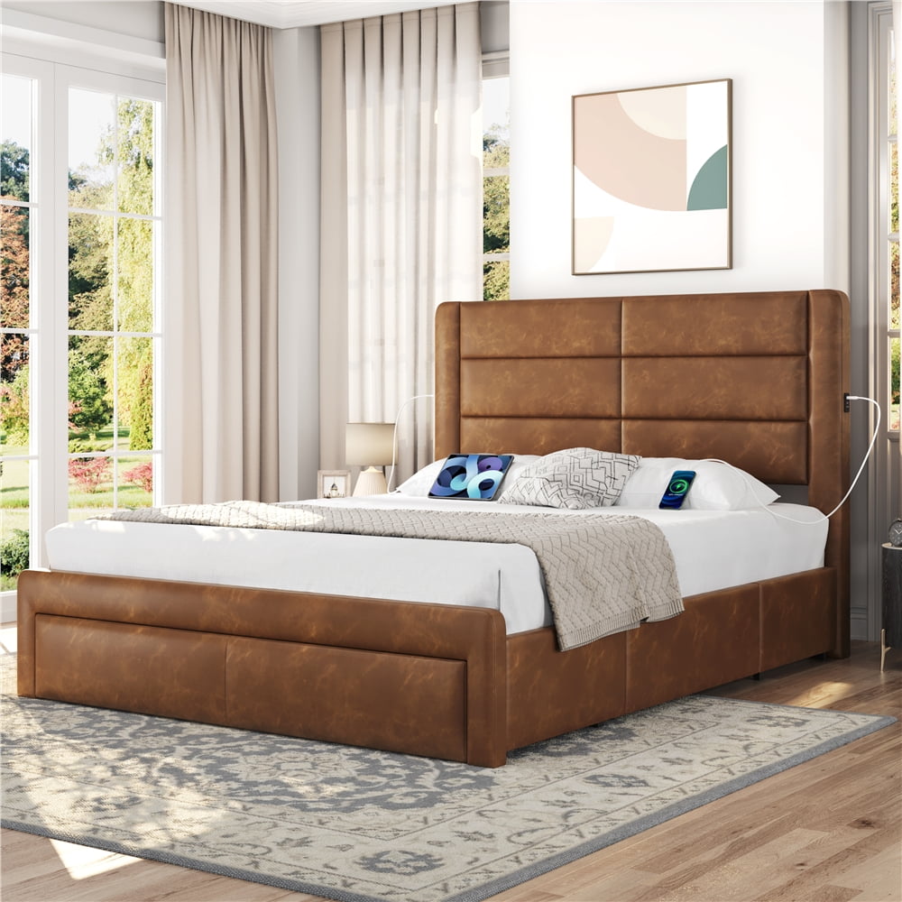 Topeakmart Full Upholstered Leather Bed Frame with 3 Storage Drawers ...