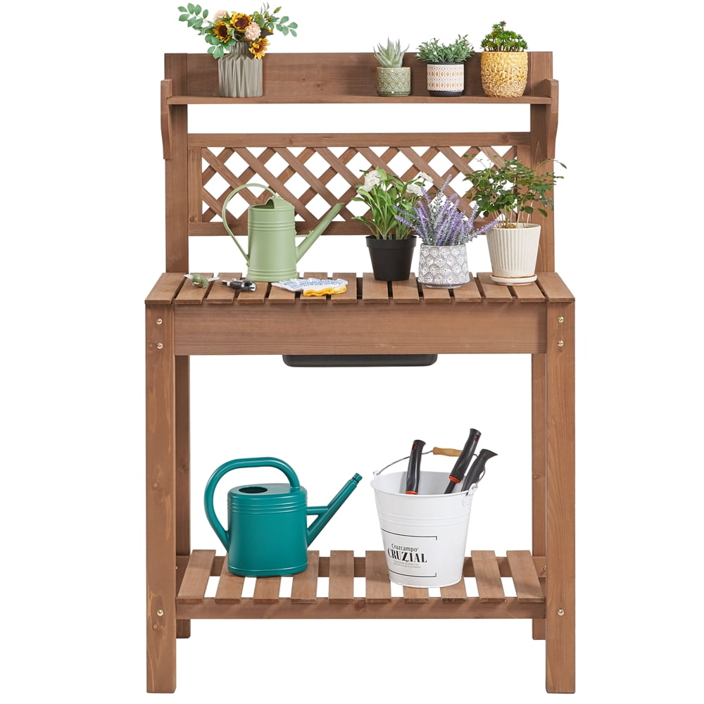 Topeakmart Garden Potting Bench with Large Sink, Outdoor Wooden Work ...