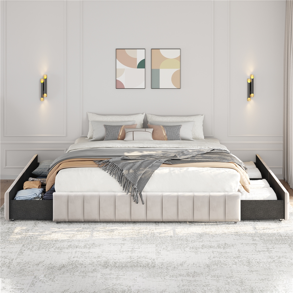 Topeakmart King Size Base Platform Bed Frame with 4 Storage Drawers ...