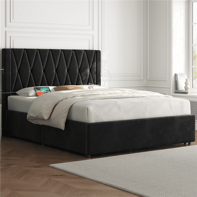 Topeakmart Modern Queen Upholstered Bed With 4 Storage Drawers And Built