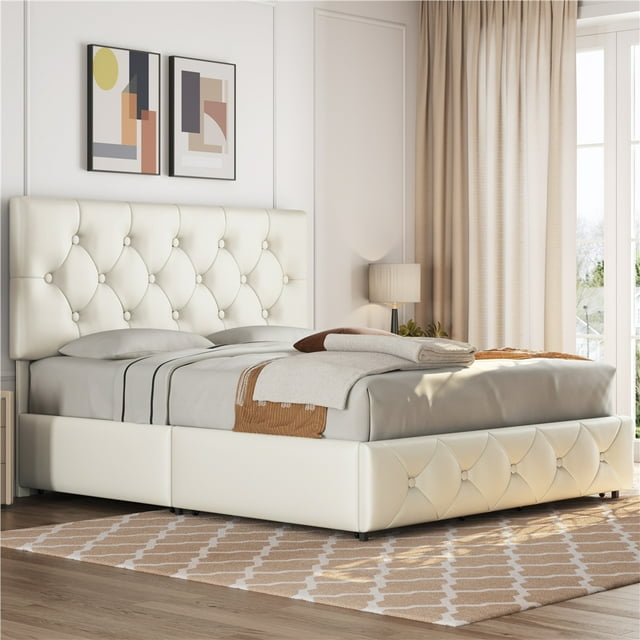 Topeakmart Queen Size Upholstered Platform Bed Mattress Foundation With