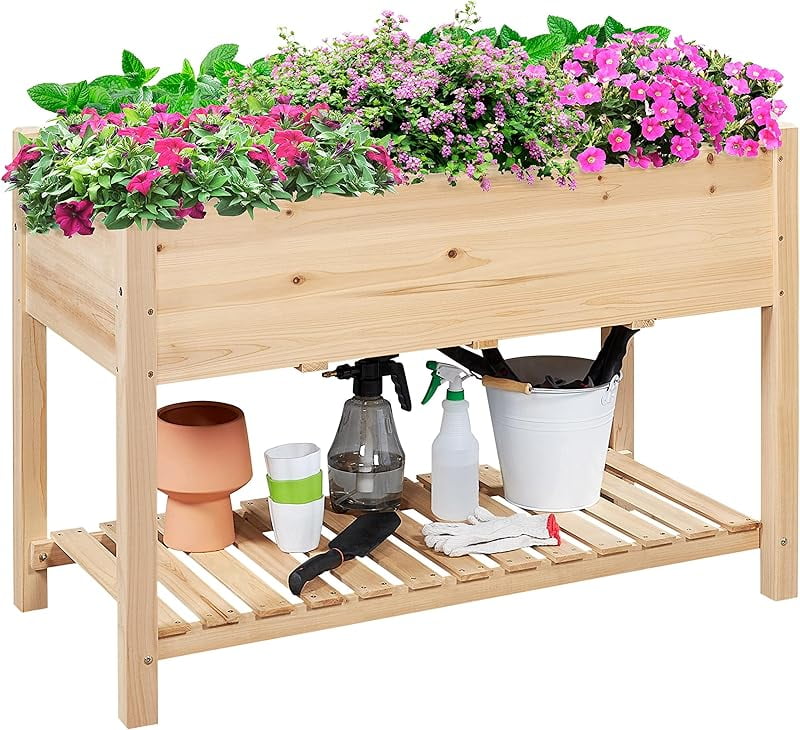 Topeakmart Raised Garden Bed Elevated 2 Tiers Wood Planting Bed Above ...