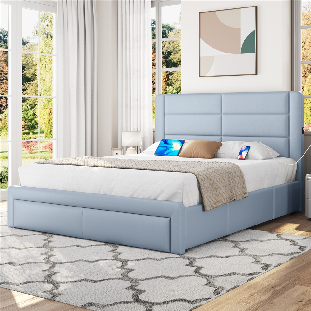 Topeakmart Upholstered Bed with 3 Storage Drawers, Queen, Light Blue ...