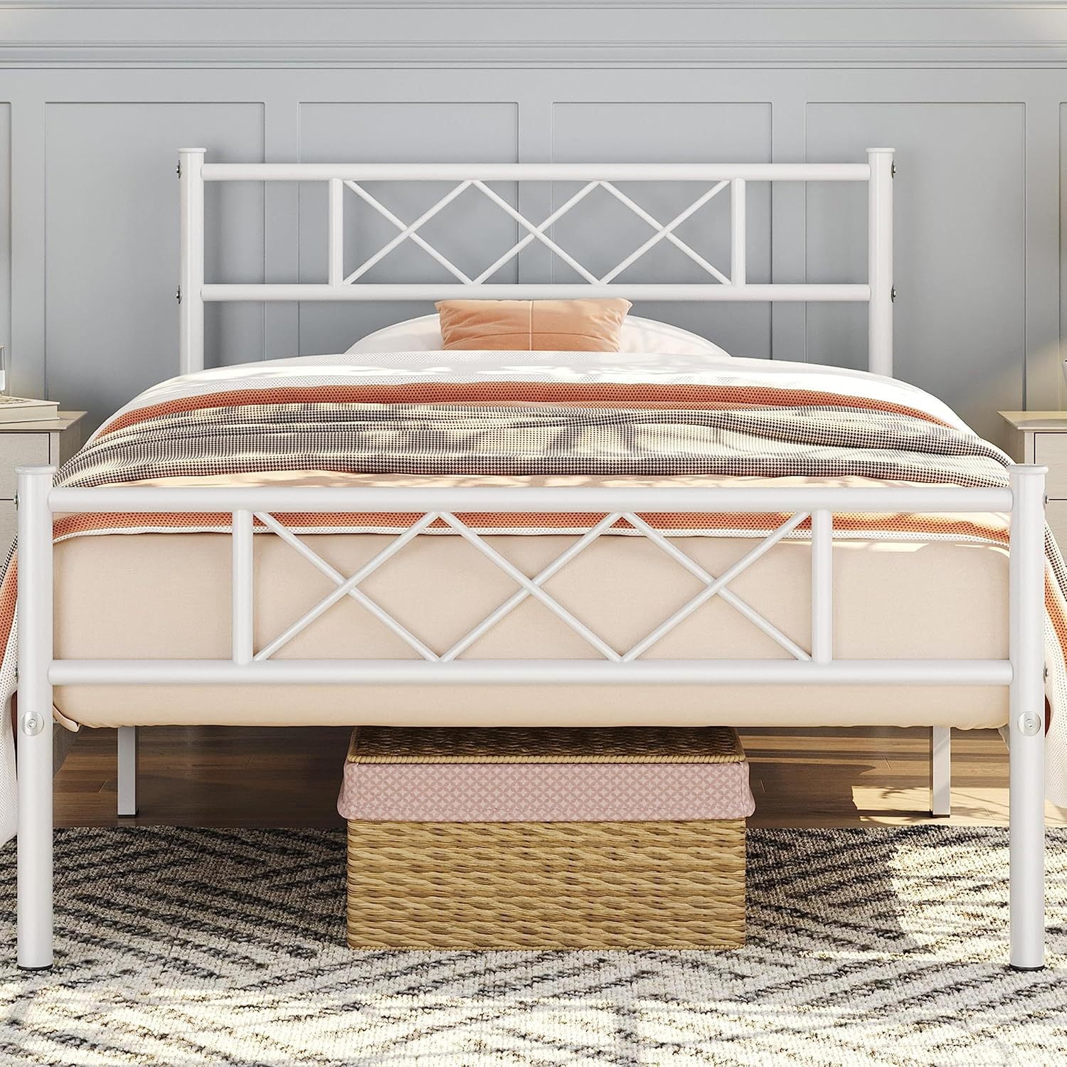 Topeakmart White Twin Bed Frame,Metal Bed Frame Platform with Headboard ...