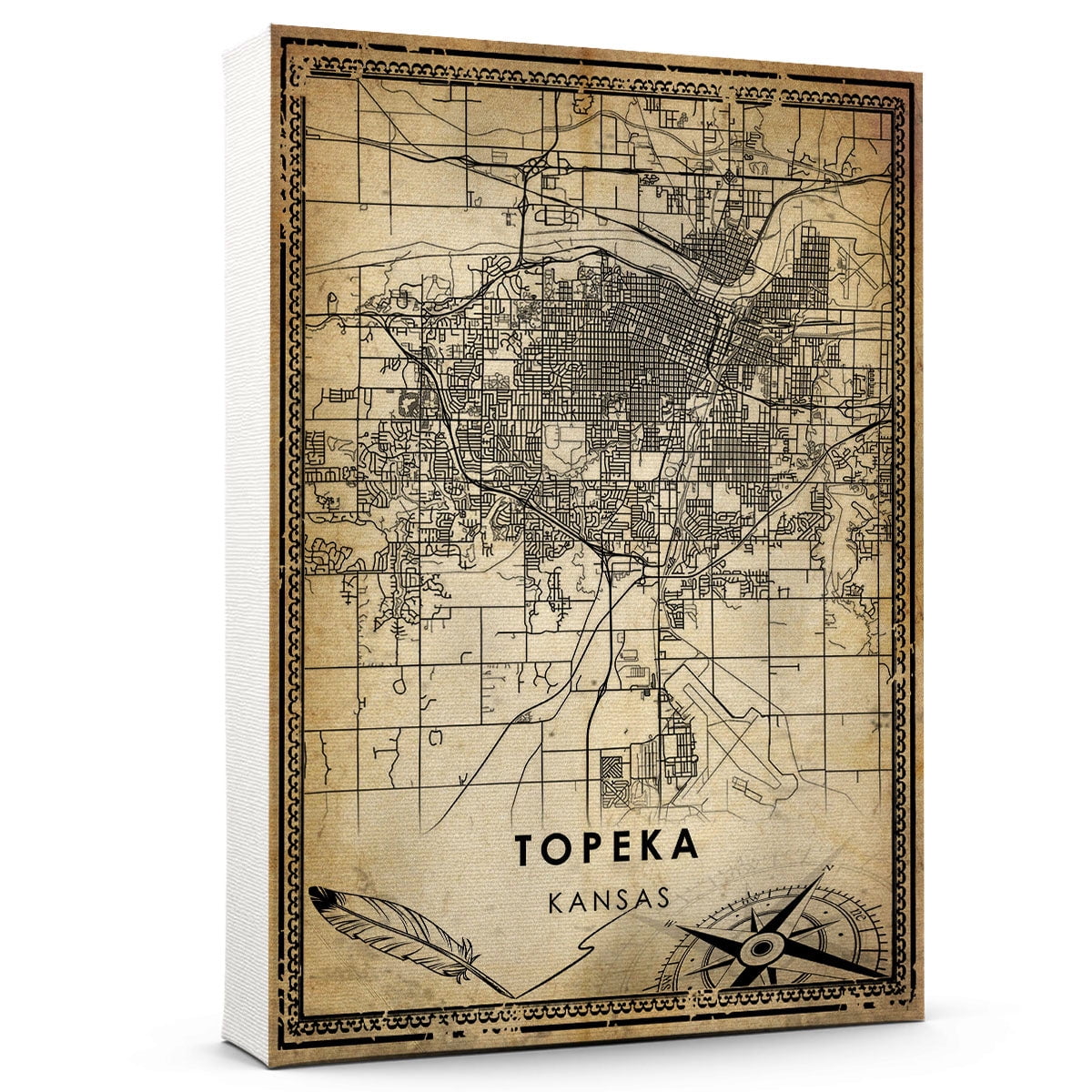 Topeka Vintage Map Prints Canvas, Kansas Map Art Canvas, Canvas, Topeka ...