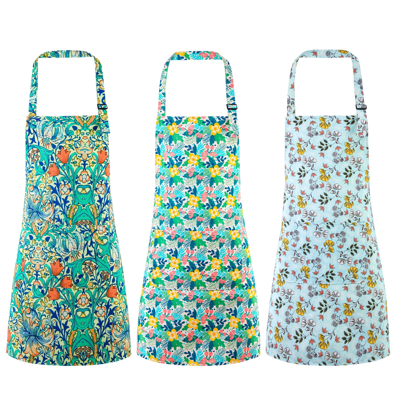 Topekada 3 Pack Floral Aprons for Women, Adjustable Apron with Pockets ...