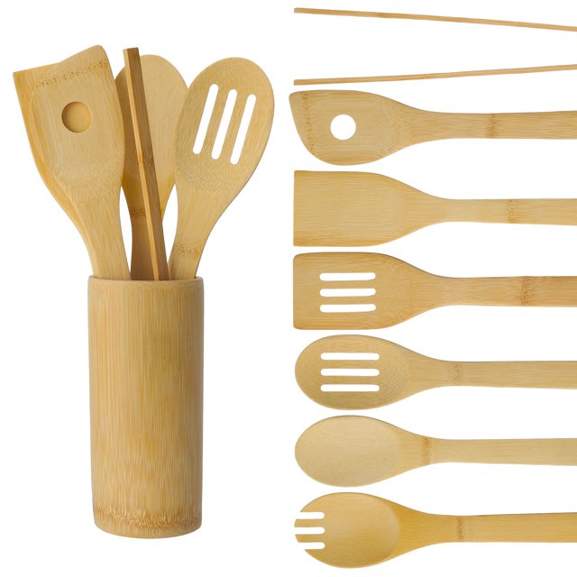 Topekada 8Pcs Wood Kitchen Utensil Set with Holder - Cooking Spatulas ...