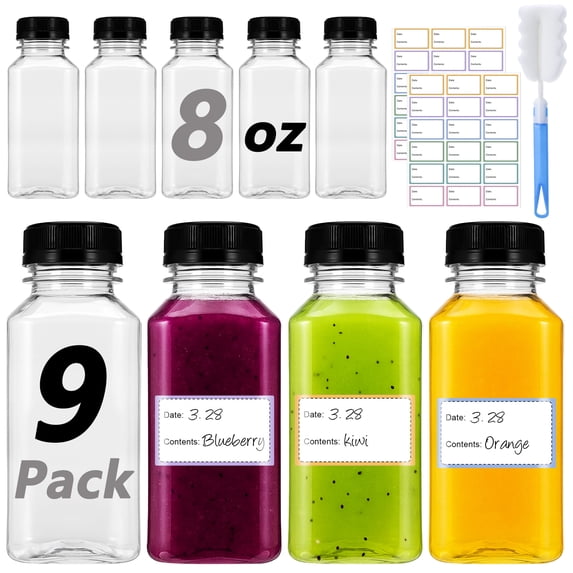 Topekada 9 Pcs 8 oz Empty Plastic Juice Bottles with Lids, Reusable ...