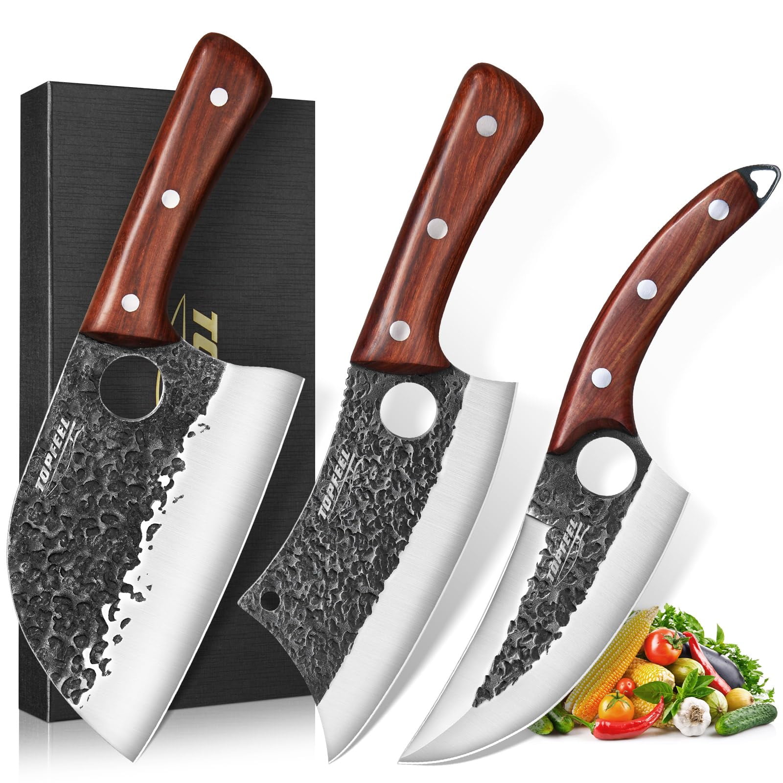 Topfeel 3PCS Butcher Knife Set, Hand Forged Serbian Chef Knives & Meat ...