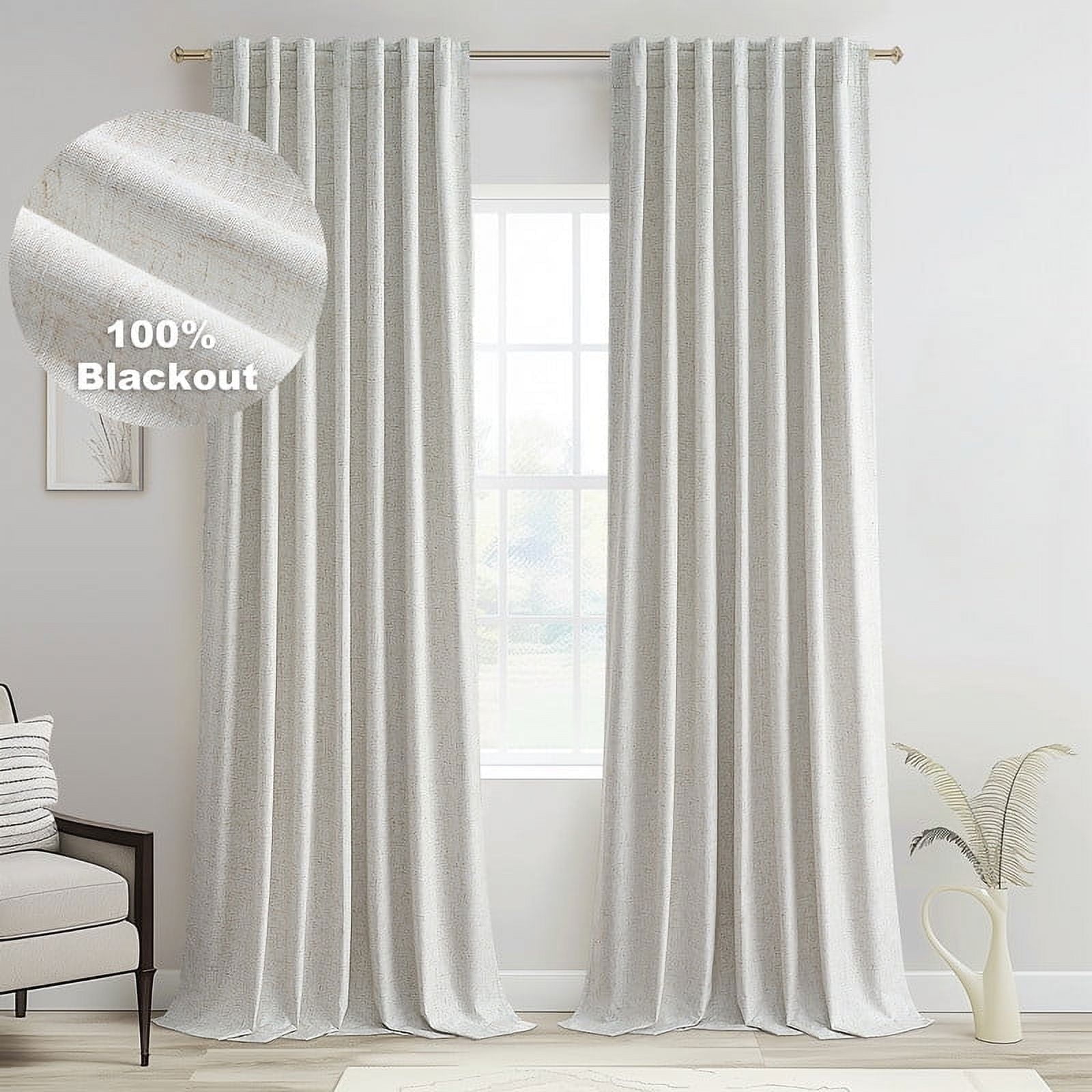 Topfinel Back Tab Hooks Pleated 100% Blackout Linen Curtains, 52