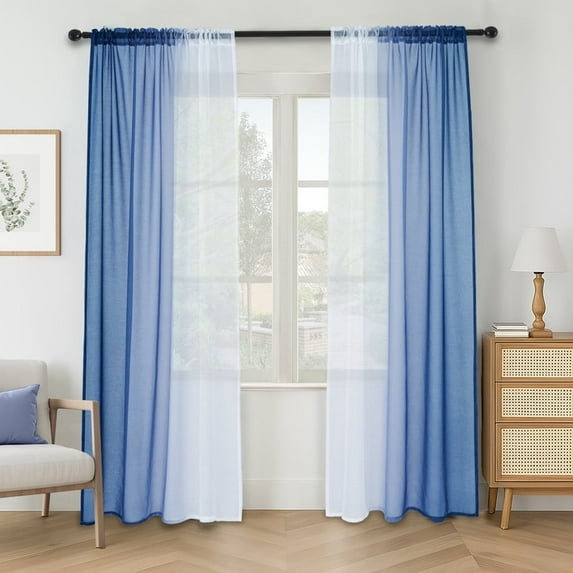 Topfinel Blue Faux Linen Ombre Sheer Curtains,Semi Voile Gradient Rod Pocket Curtains for ...
