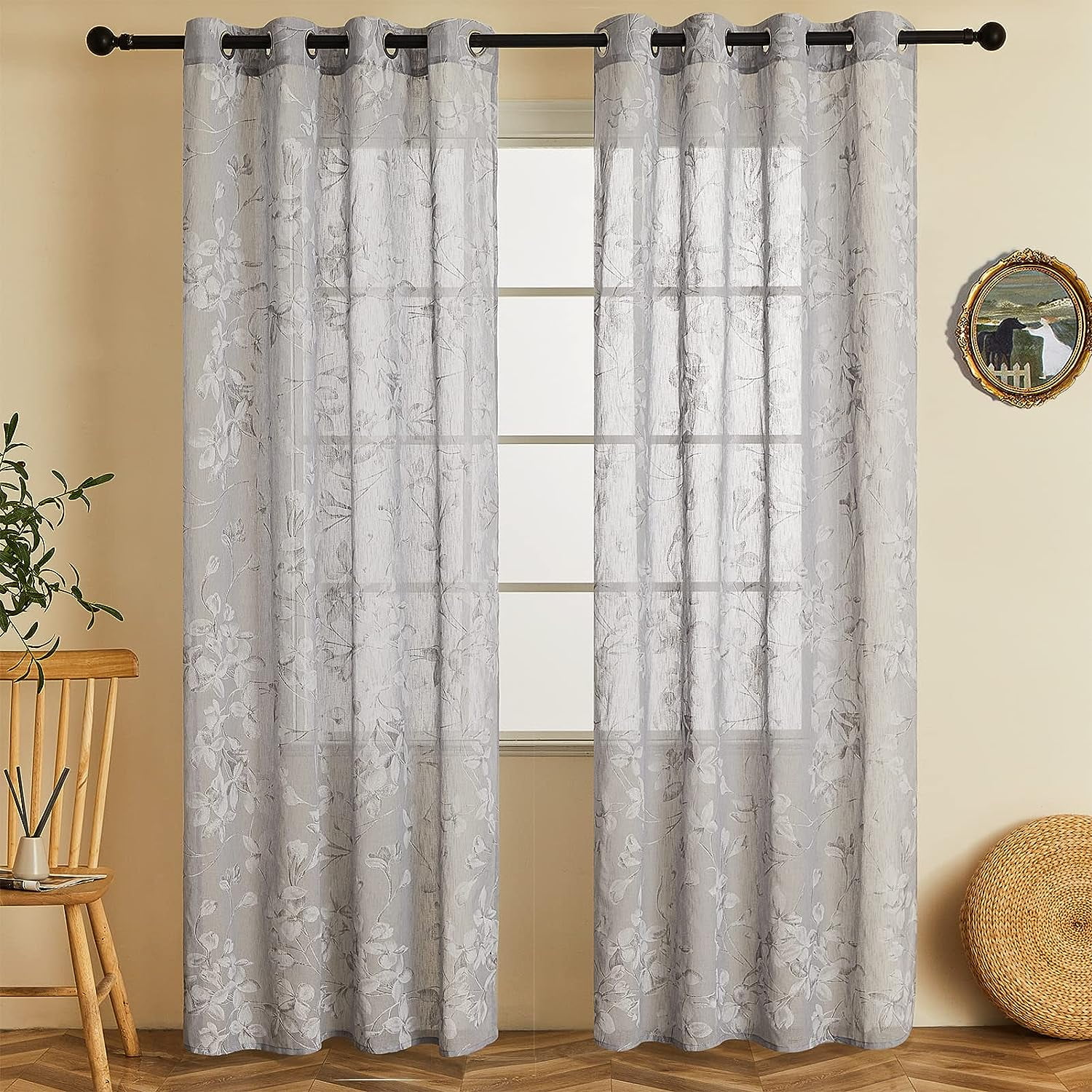 Topfinel Linen Textured Sheer Curtains Floral Printed Grommet Window ...