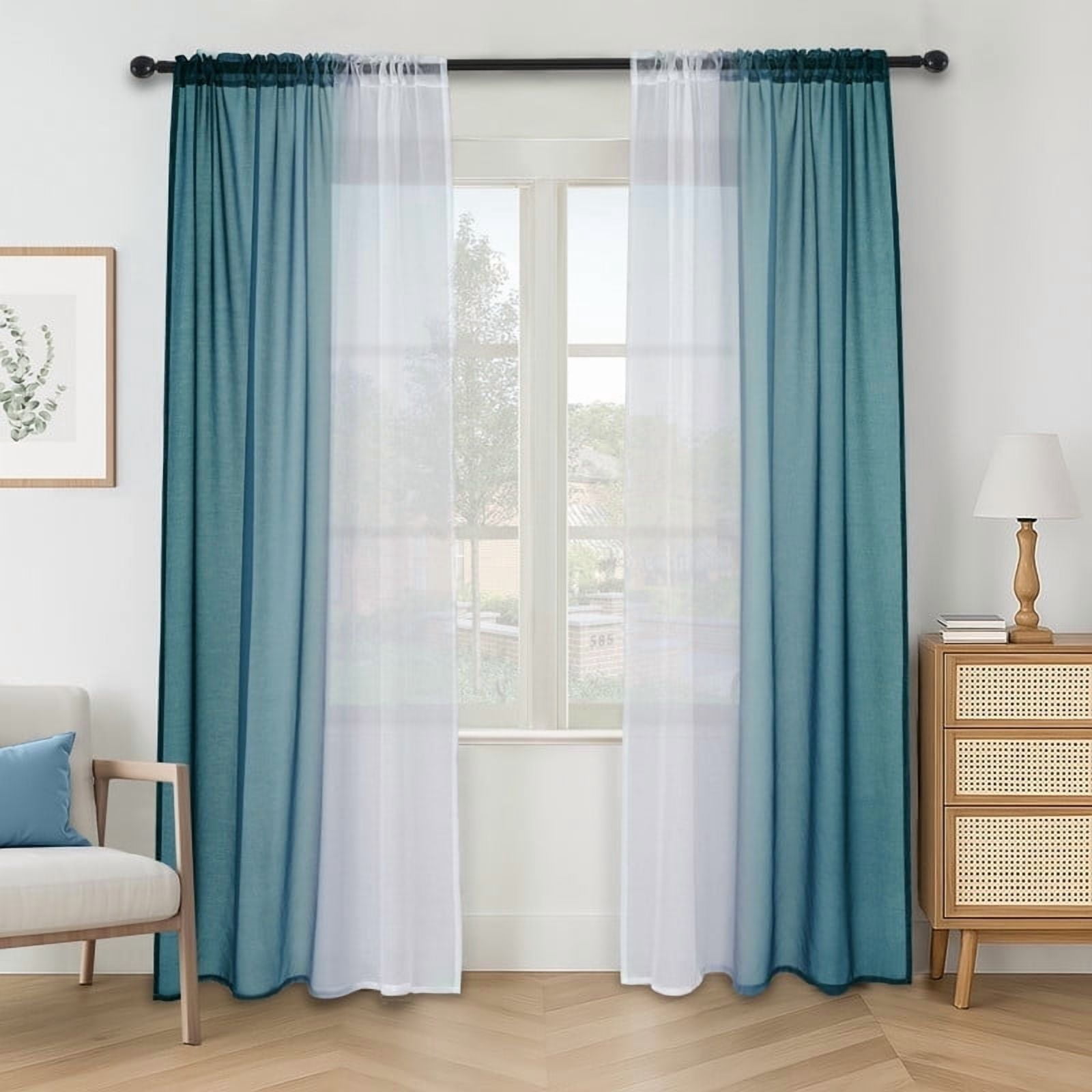 Topfinel Teal Faux Linen Ombre Sheer Curtains,Semi Voile Gradient Rod ...
