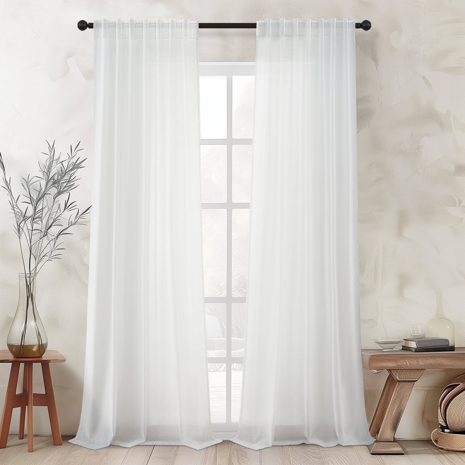 Topfinel White Linen Curtains 108 Inches Long for Living Room,Back Tab ...