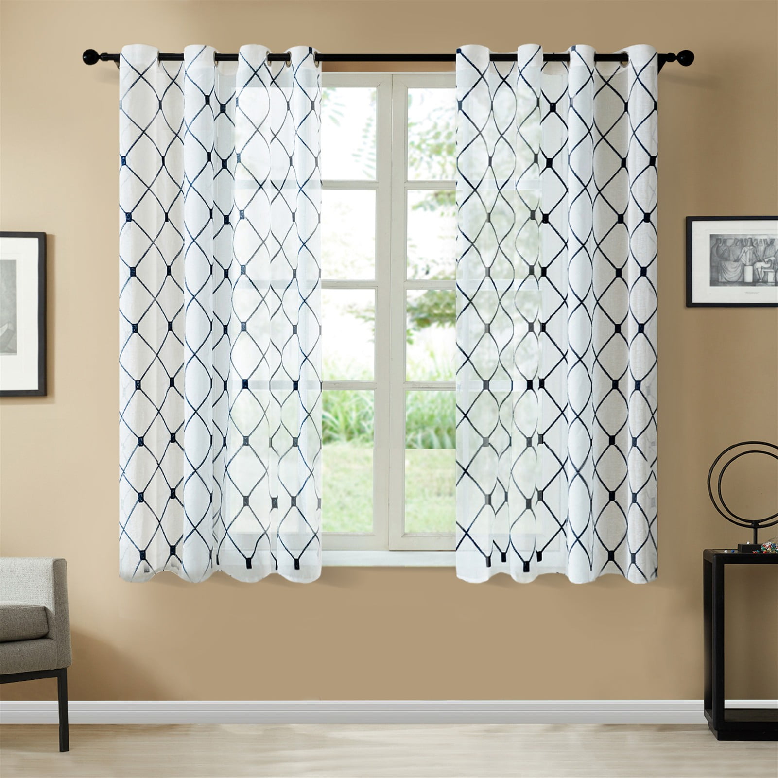 Topfinel White Sheer Curtains 63 inch Long Geometric Navy Embroidered ...