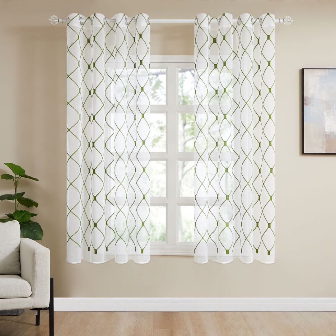Topfinel White Sheer Curtains 63 inch Long Geometric SageGreen ...
