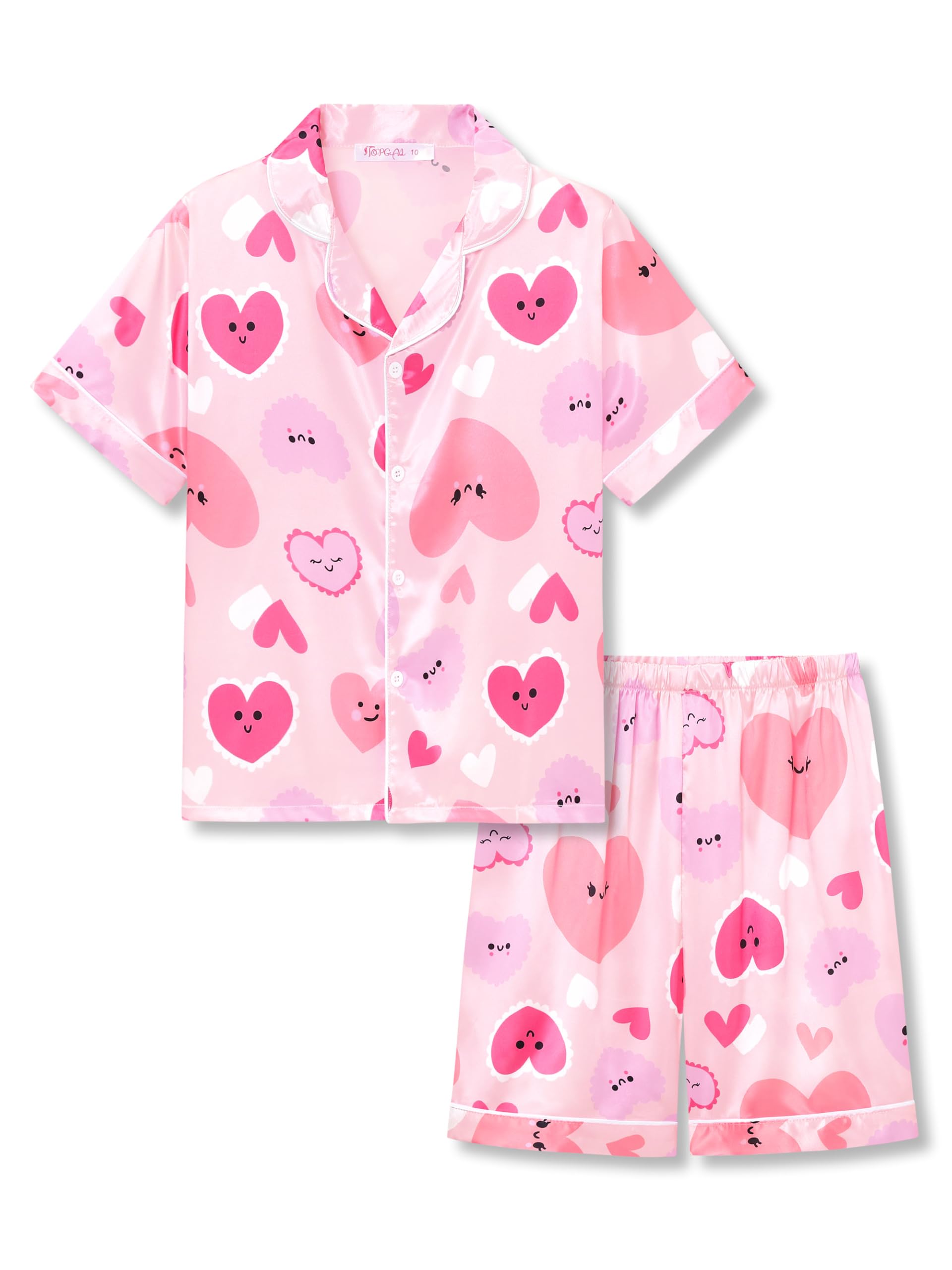 Topgal Girls Pajamas Soft Satin Pjs 2 Piece Short Sleeve Pink Heart ...