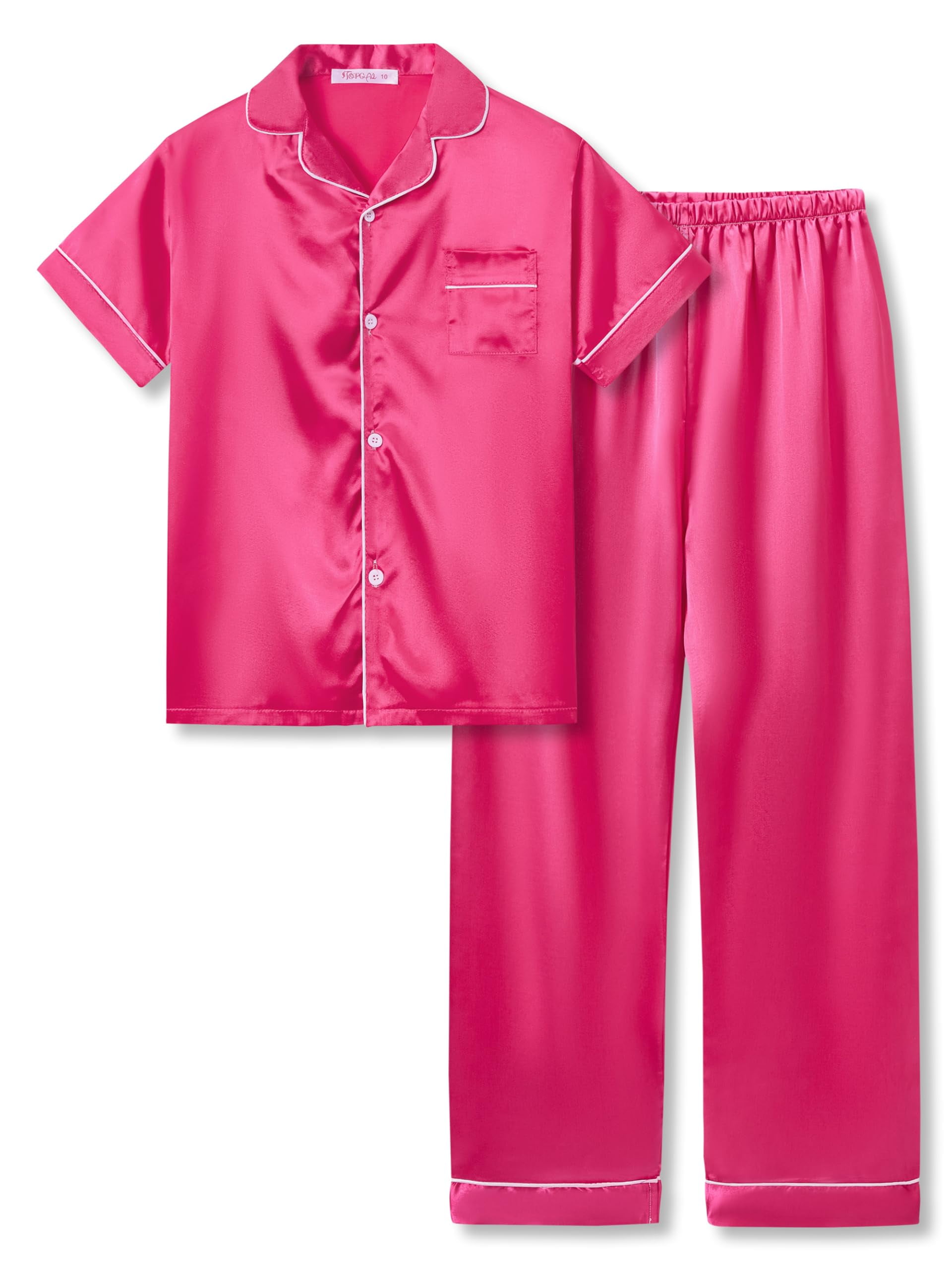 Topgal Hot Pink Pajama Set for Teen Girls – Satin Short Sleeve & Pants ...