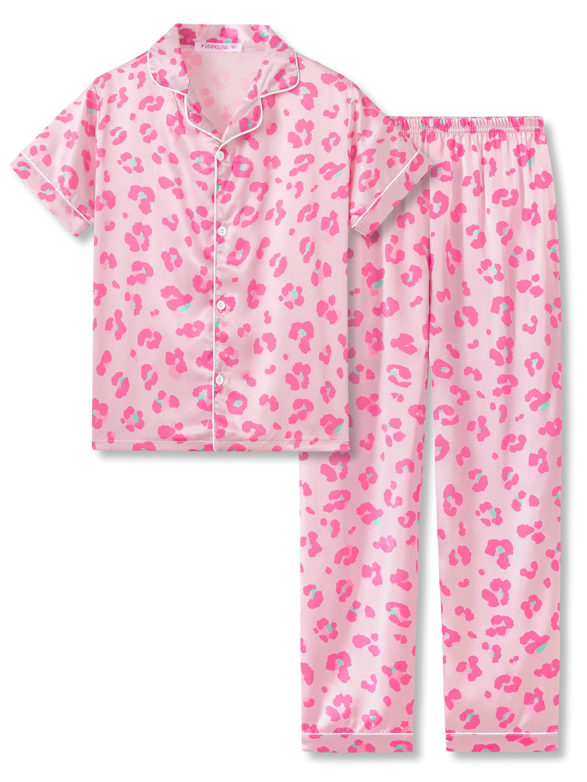 Topgal Satin Pajama Set for Girls Beige & Pink Leopard Short Sleeves ...