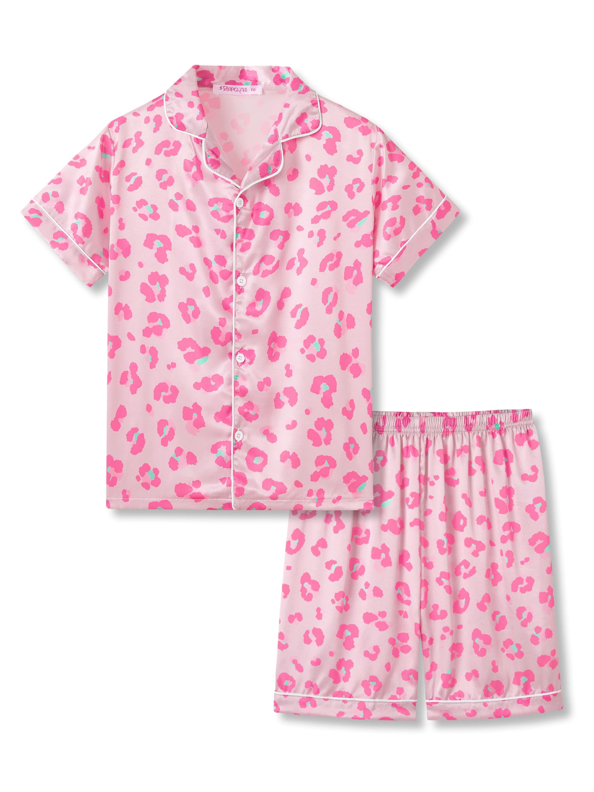 Topgal Satin Pajamas for Girls Beige & Pink Leopard 2 PC Short Sleeves ...