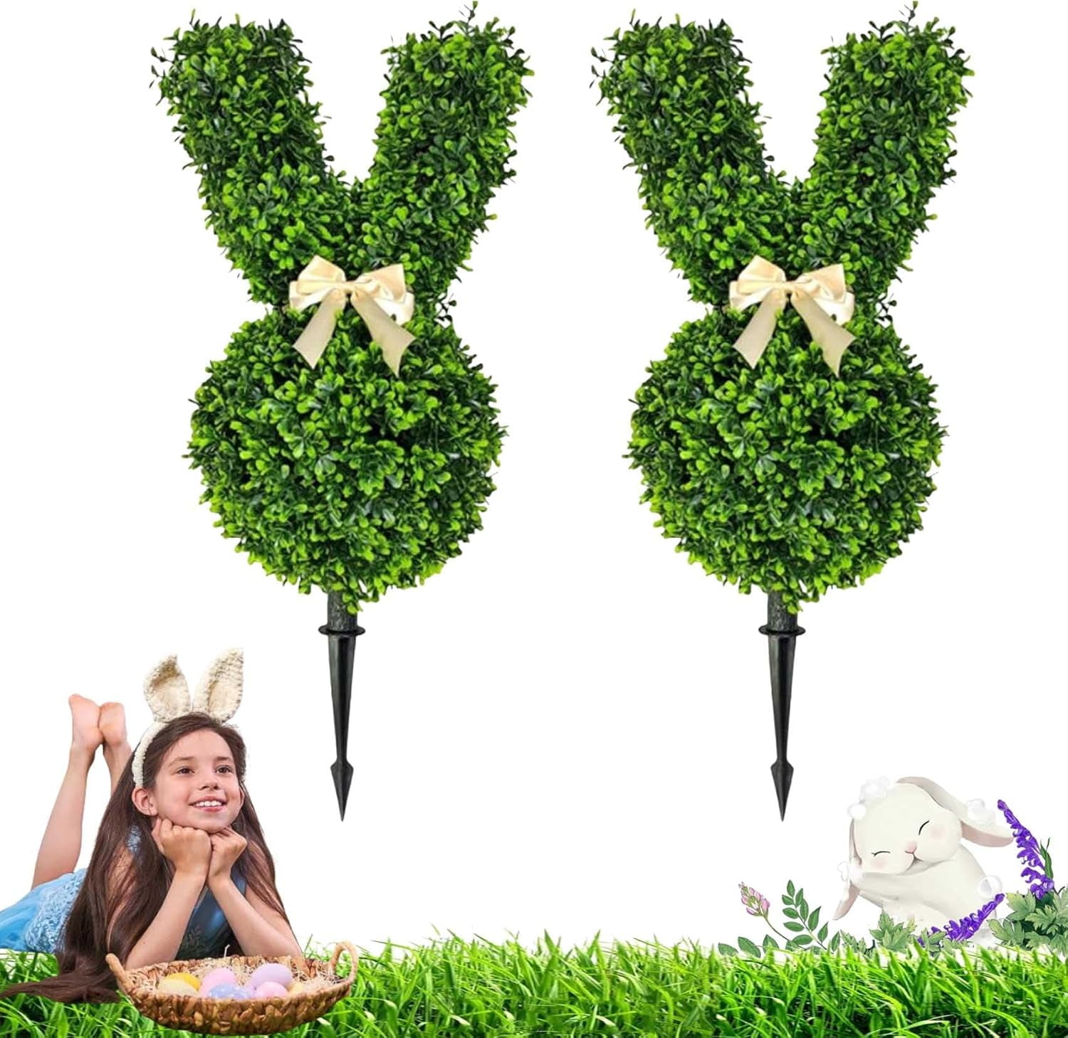 Topiary Bunny - Bunny Topiary Outdoor Set of 2, Bunny Shaped Topiary - UV-Resistant, Topiary ...