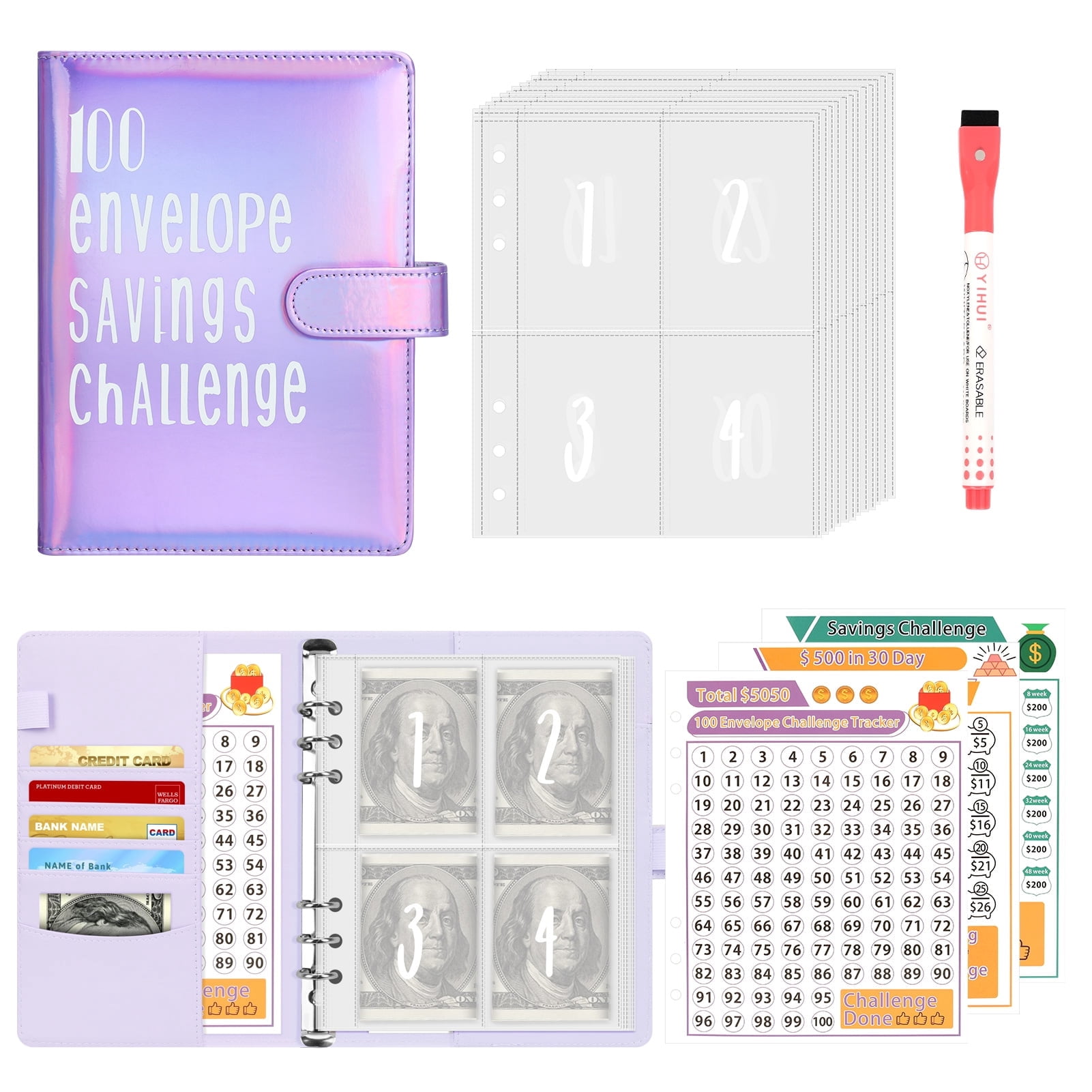Toplive 100 Envelopes Challenge Binder A5 Money Saving Binder, PU ...