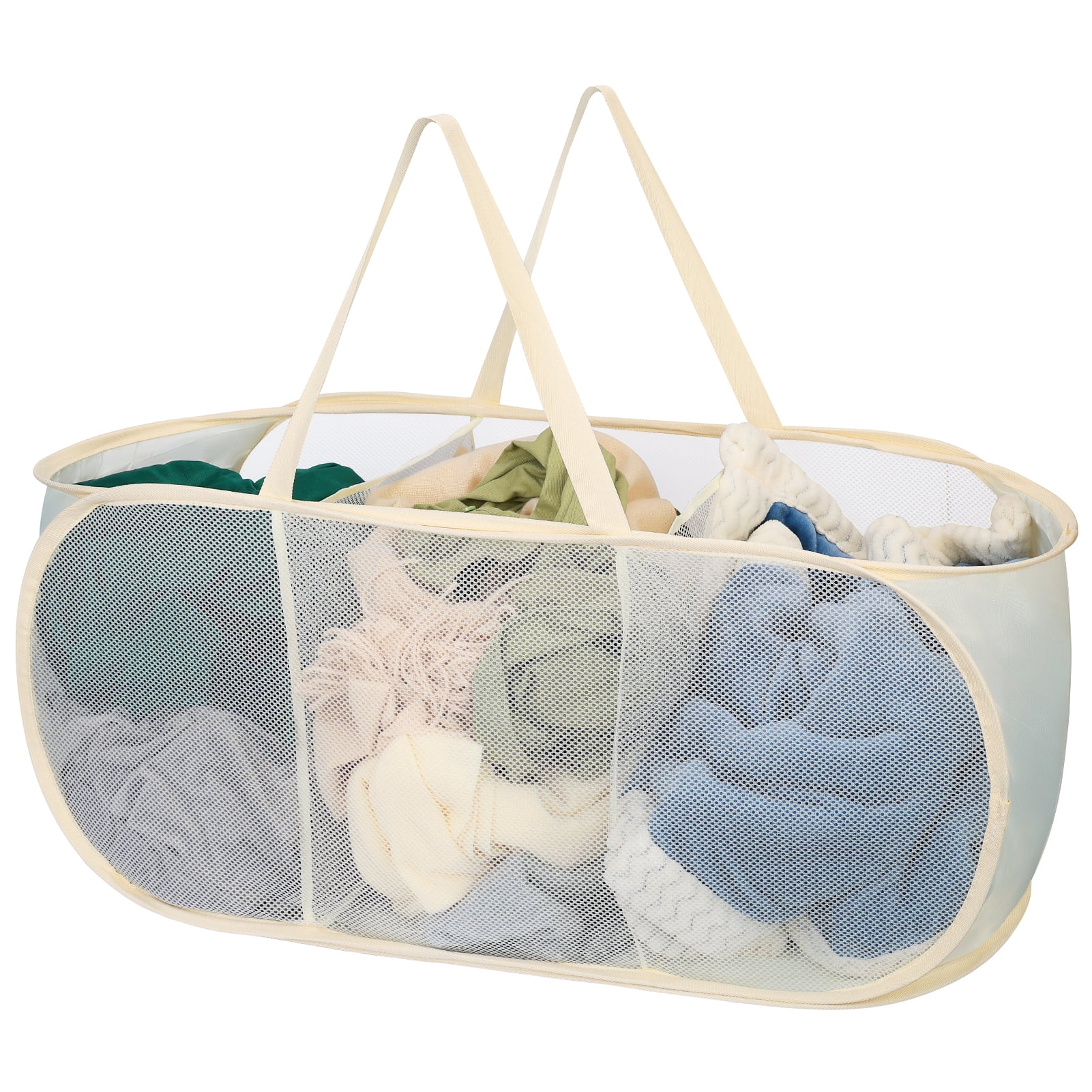 Toplive Collapsible Pop-Up Laundry Hamper with 3 Bins, Beige Mesh, Side ...
