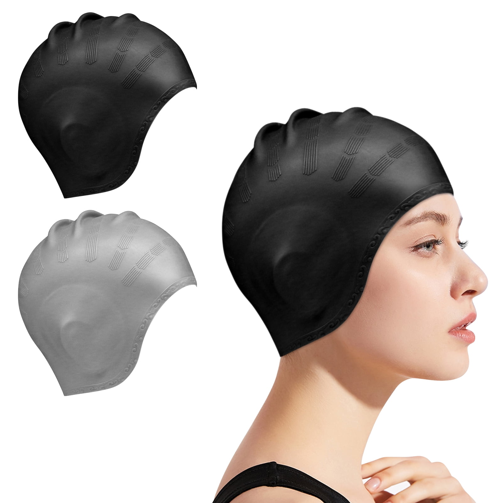 Toplive Swim Cap 2 Pack Unisex Swimming Cap with 3D Ear Protection ...