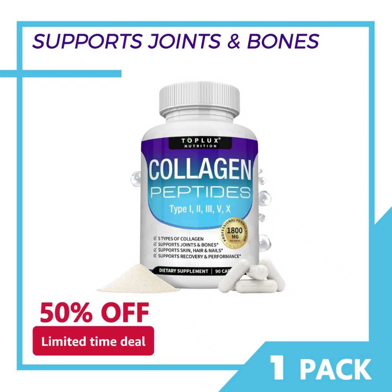 Toplux Multi Collagen Peptides Pills 1800 Mg Complex - Type I, II, III ...