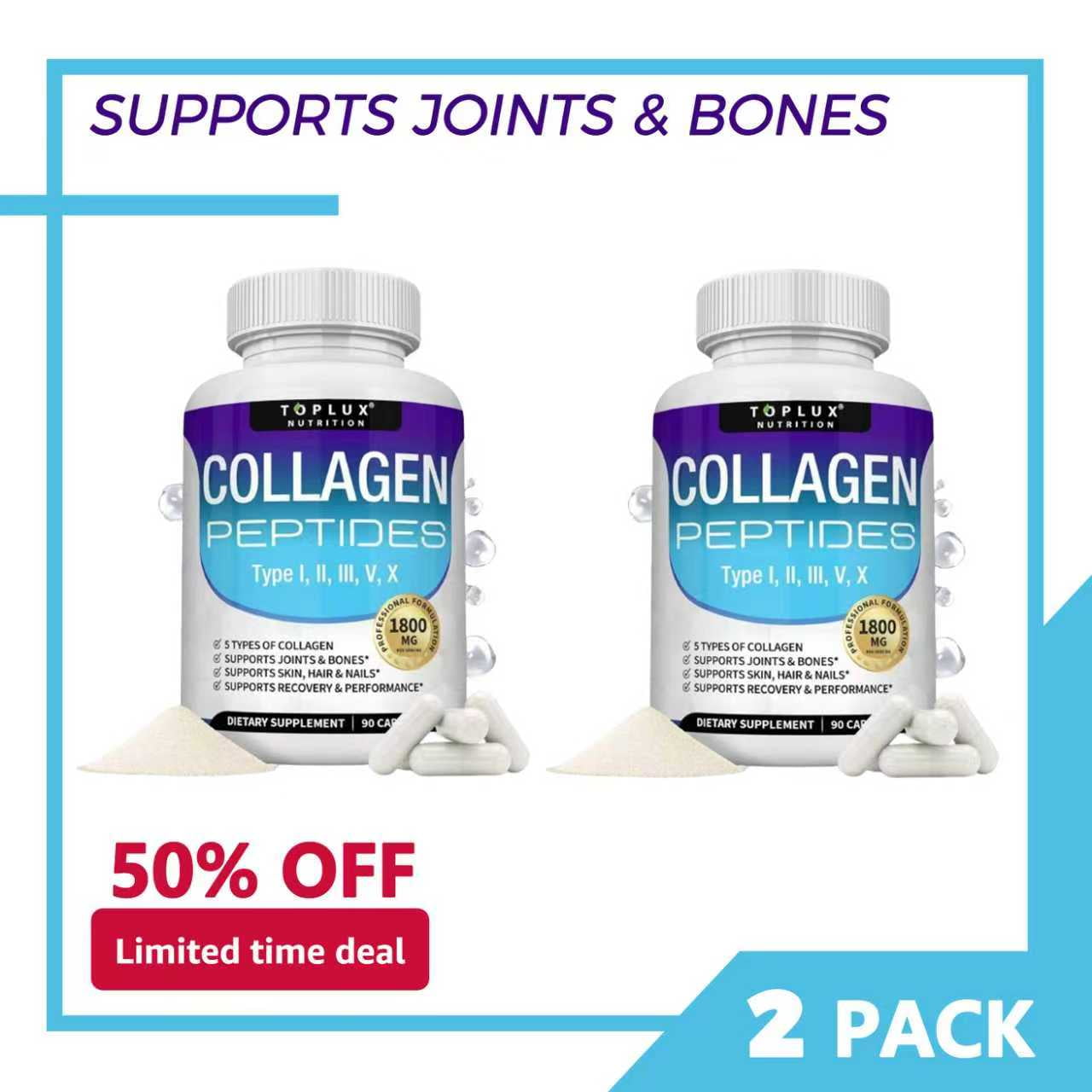 Toplux Multi Collagen Peptides Pills 1800 Mg Complex - Type I, II, III ...