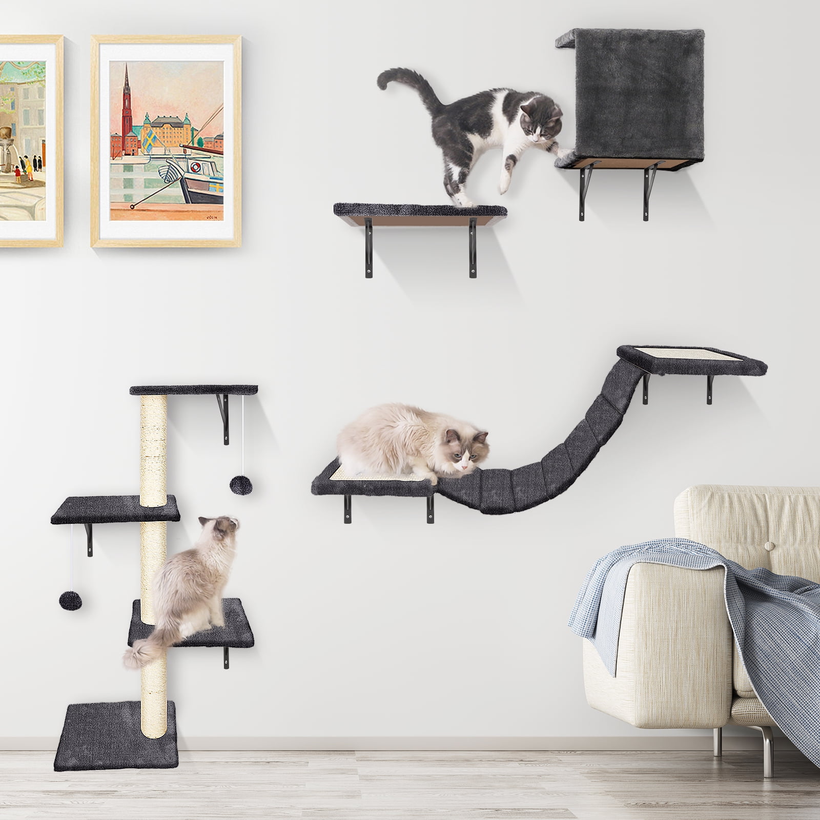 Topmart Cat Wall Shelves and Cat Bridge Set of 4, Playing Sleeping Cat ...