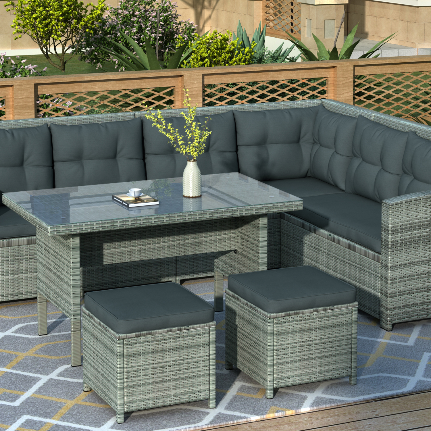 Topmax Gray 6-Piece Outdoor Sectional Sofa Set with Glass Table and ...