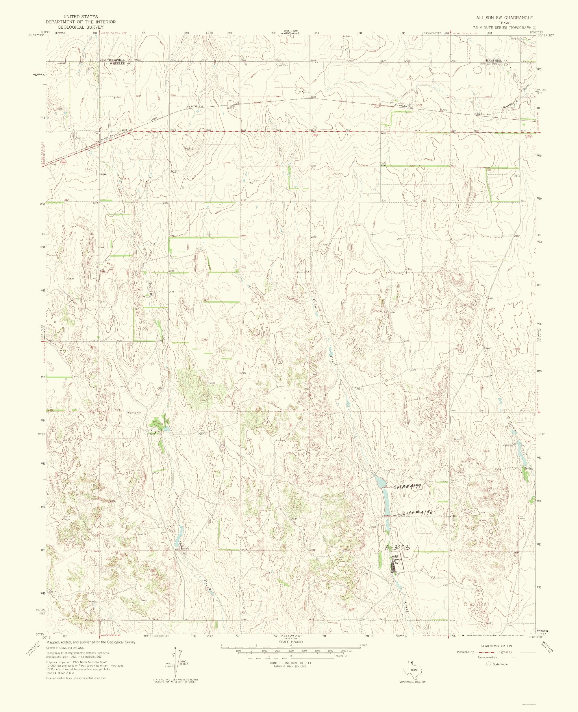 Topographical Map - Allison Texas Southwest Quad - USGS 1969 - 23 x 28. ...