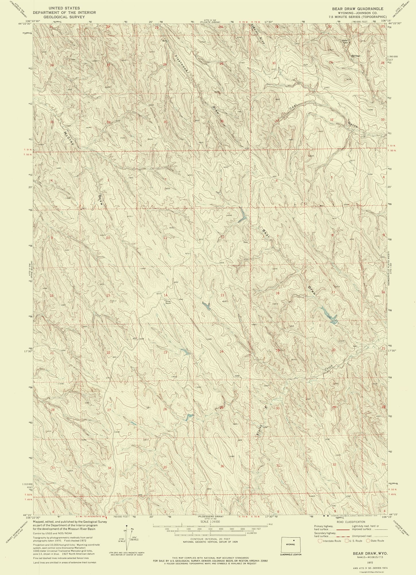 Topographical Map - Bear Draw Wyoming Quad - USGS 1972 - 23 x 31.74 ...
