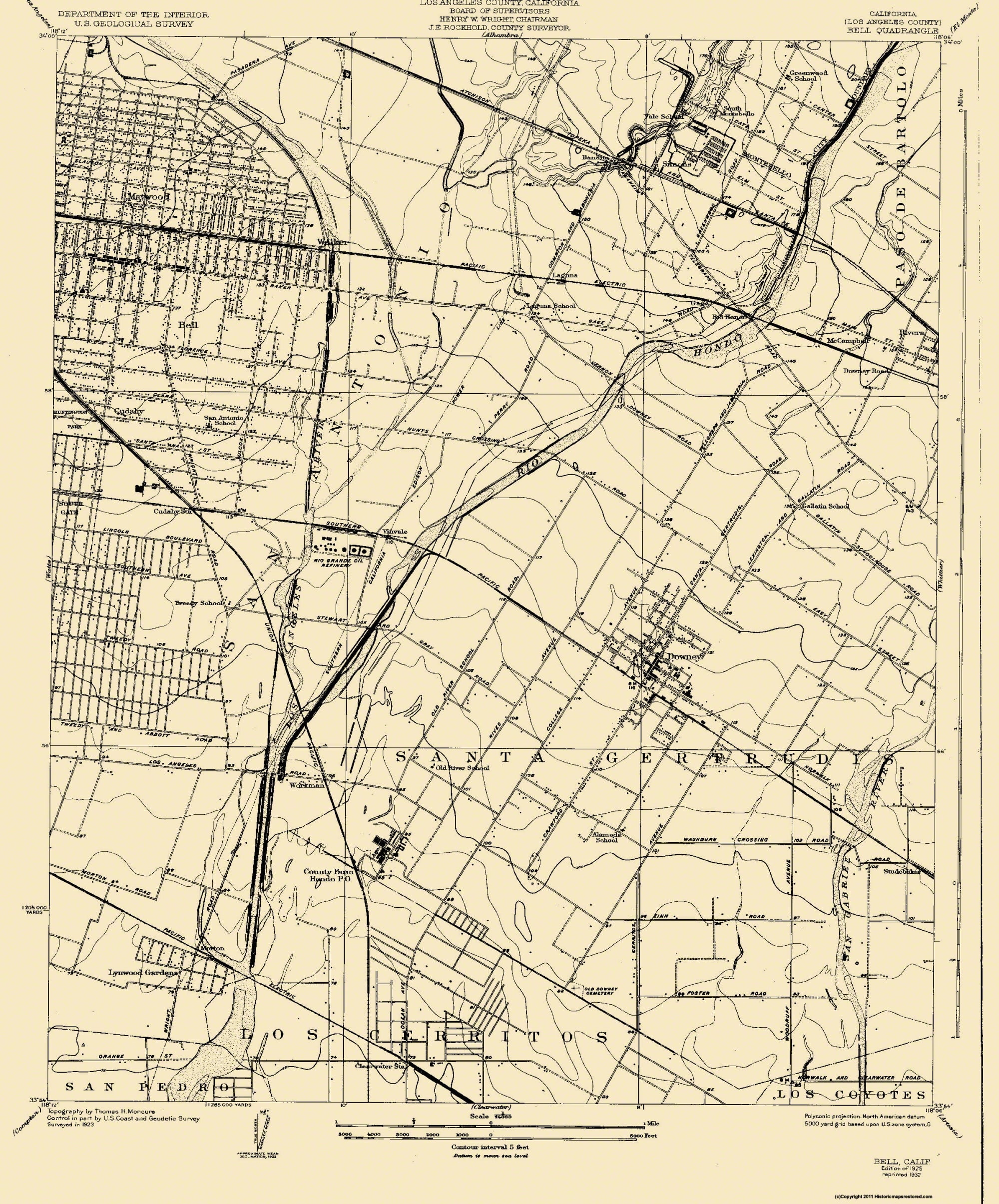 Topographical Map - Bell California Quad - USGS 1925 - 23 x 27.72 ...