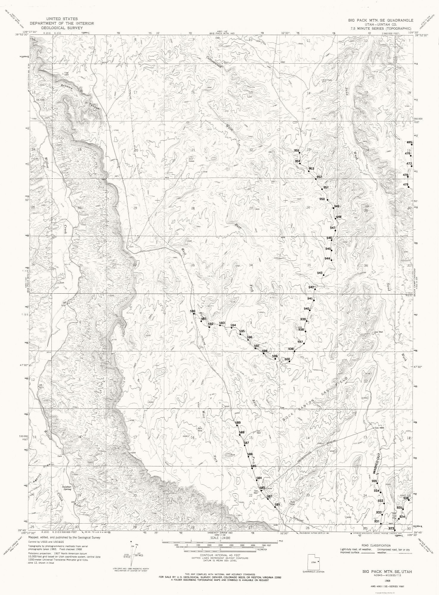 Topographical Map - Big Pack Mountain Utah Quad - USGS 1968 - 23 x 31. ...