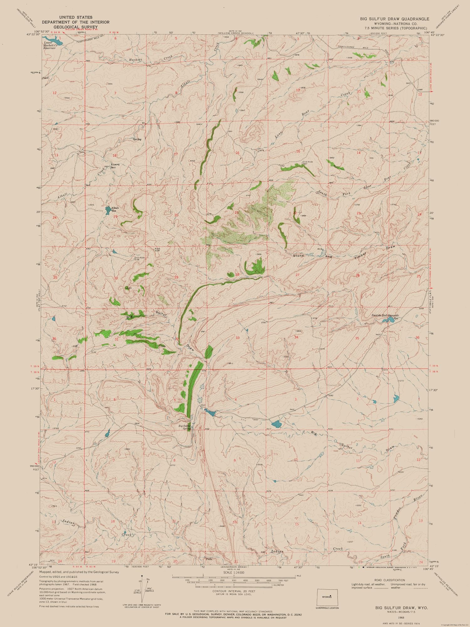 Topographical Map - Big Sulfur Draw Wyoming Quad - USGS 1968 - 23 x 30. ...