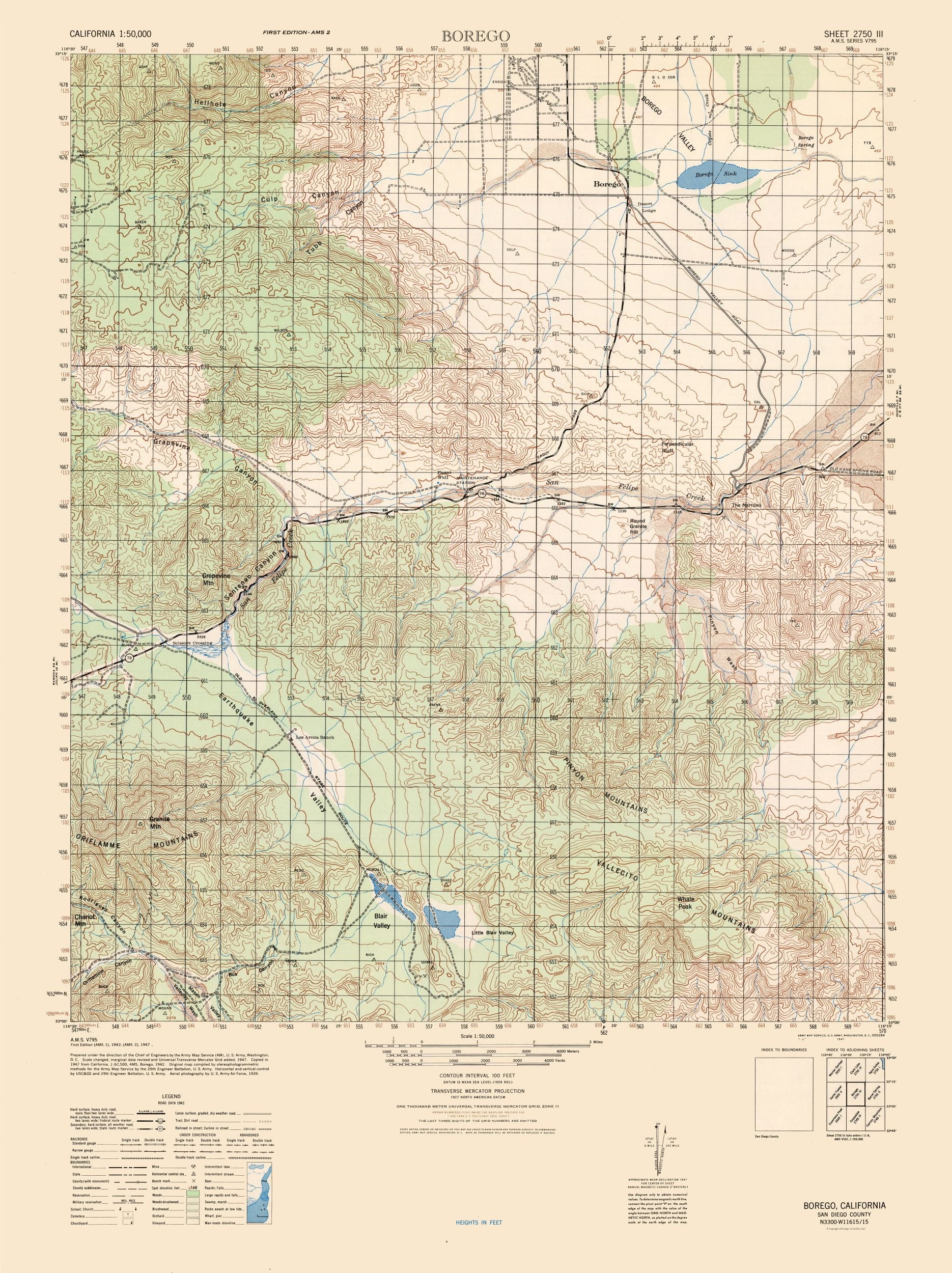 Topographical Map - Borego Sheet - US Army 1942 - 23 x 30.74 - Vintage ...