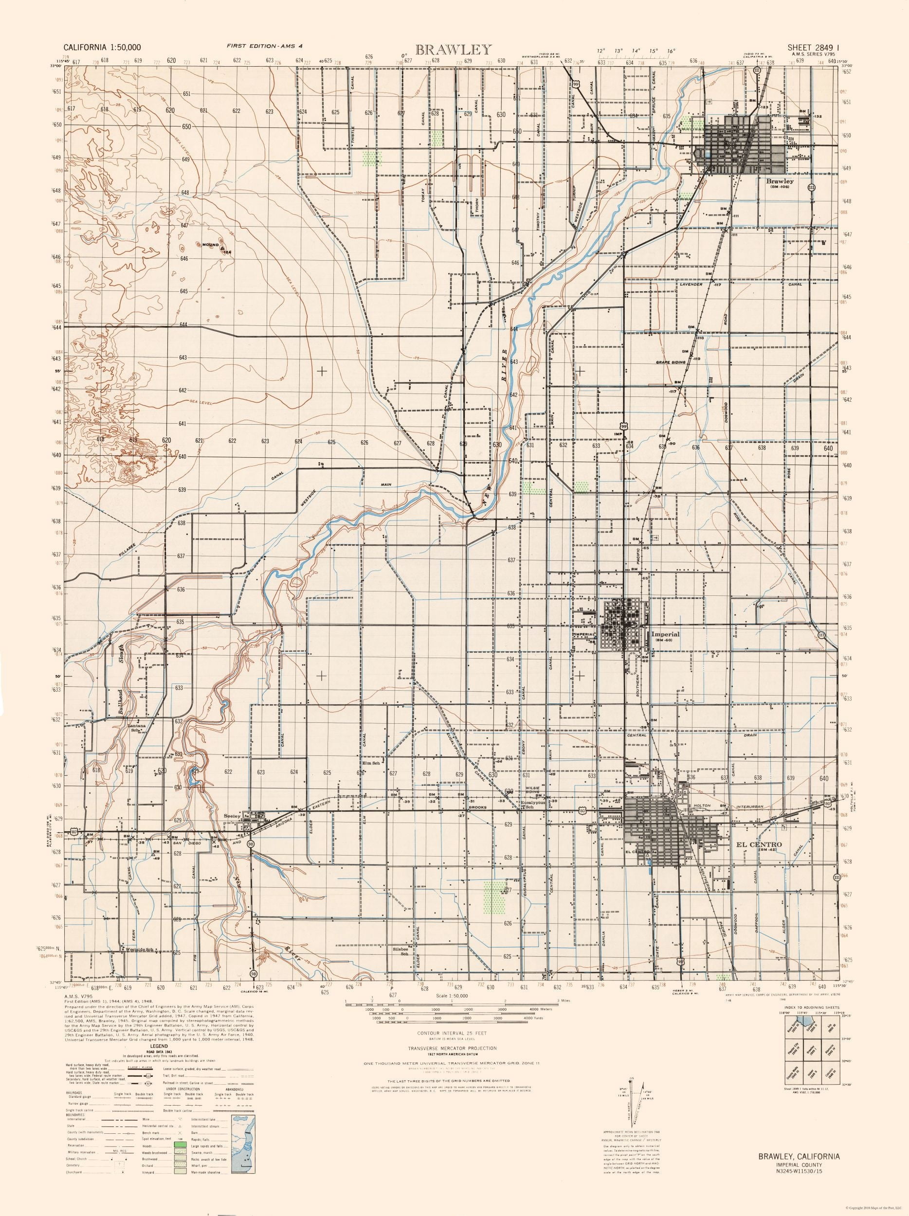 Topographical Map - Brawley Sheet - US Army 1944 - 23 x 30.79 - Vintage ...