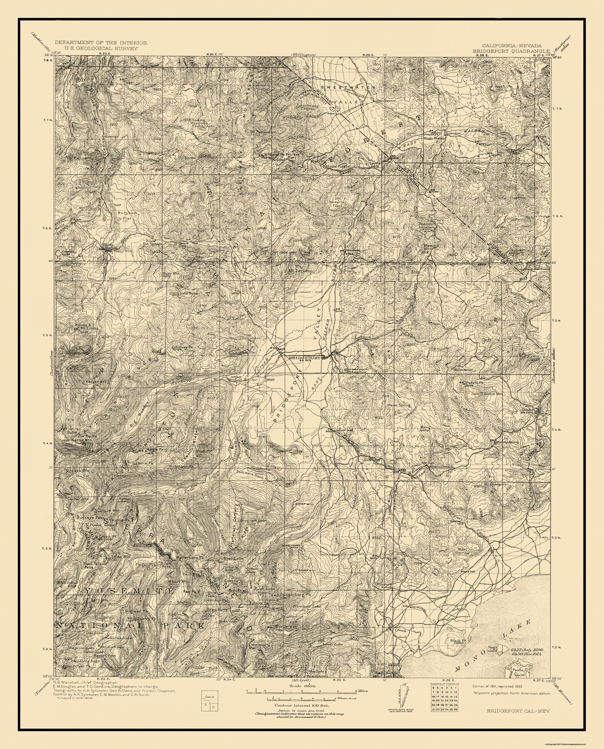 Topographical Map - Bridgeport California Nevada Quad - USGS 1911 - 23 ...